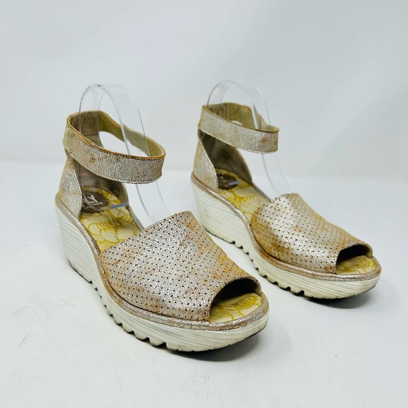 Fly London | Shoes | Fly London Metallic Gold Leather Wedge Sandals ...